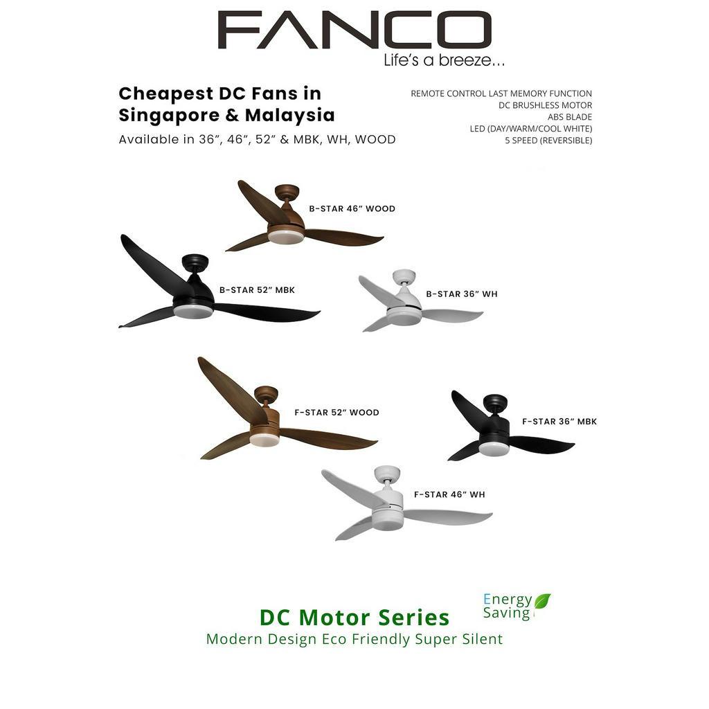 FANCO B-STAR DC Motor Ceiling Fan w/ 3 Tone LED Light and Remote ...