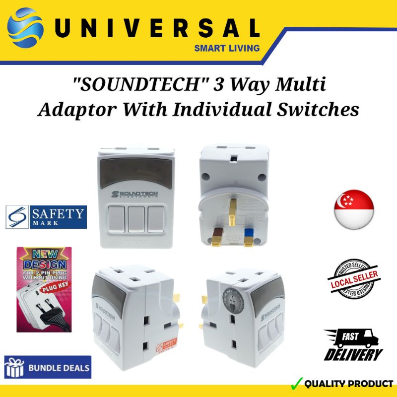 [SG SHOP SELLER] SOUNDTECH 3 Way Multi Adaptor With Individual Switches ...