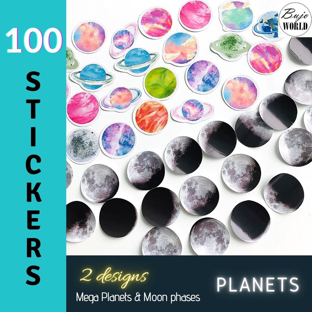 BujoWorld 100PC Sticker PLANET MOON - 2 designs Planets Colorful , Moon ...