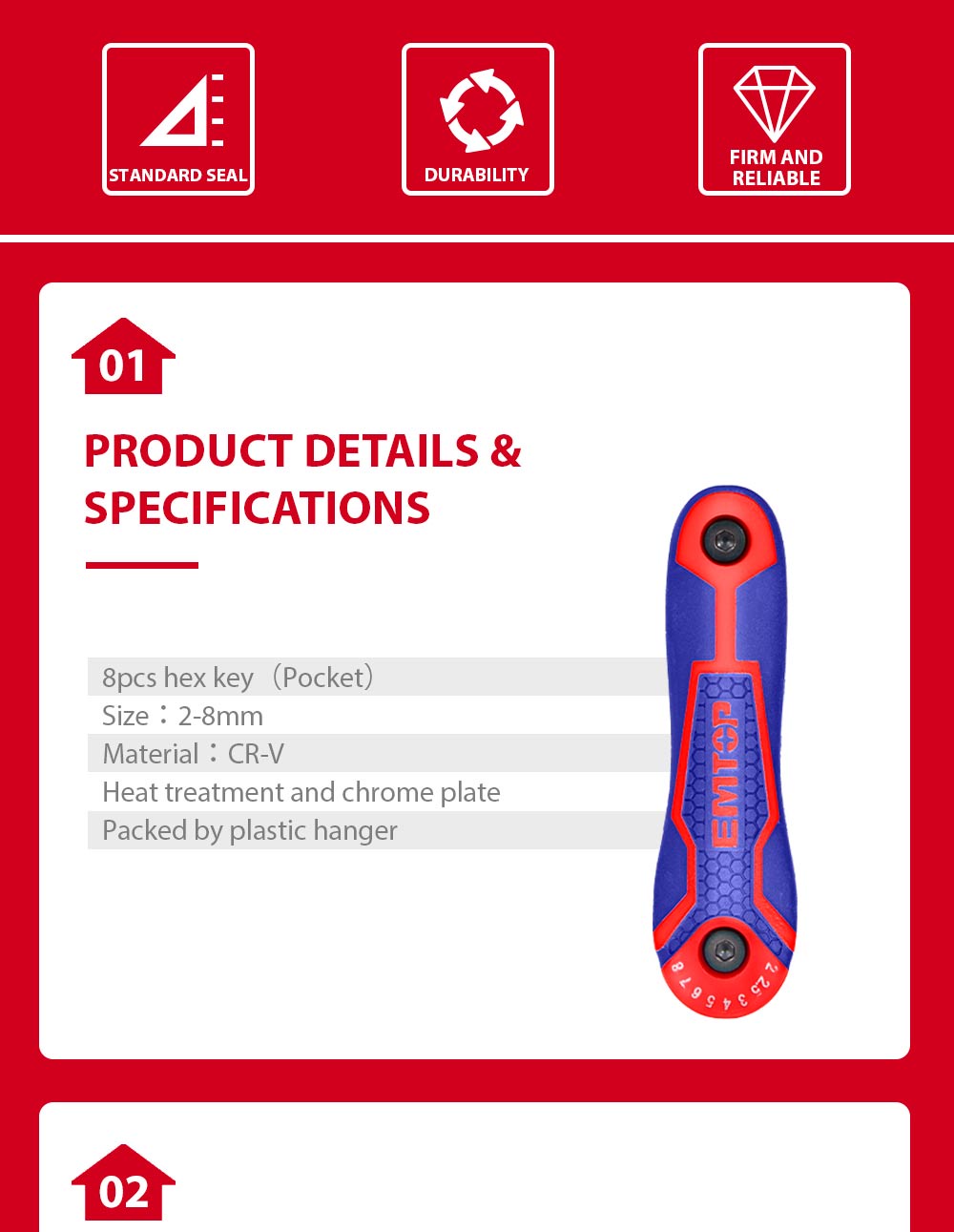 EMTOP 8 in 1 Portable CR-V Folding Hex Allen Key Set Hexagonal Wrench Set(2-8mm) EHKY4081 ...