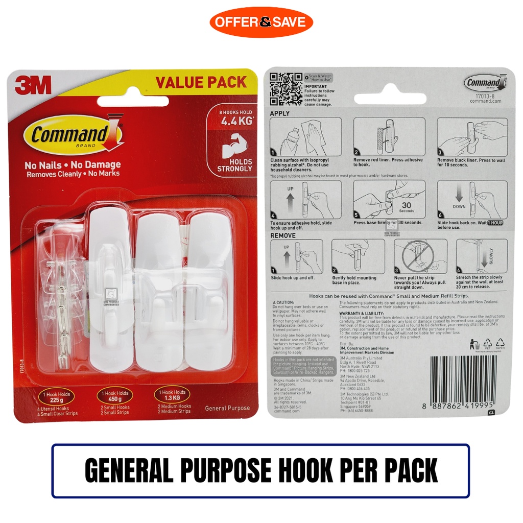 [Local Set] 3M Command General Purpose Hooks Ceiling Hooks Clothes Hook ...