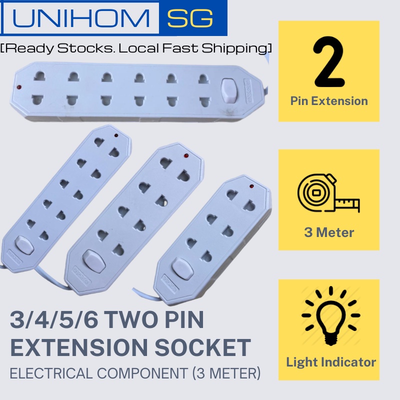 UnihomSG [ReadyStock] 3/4/5/6 Two Pin Extension Socket 3 Meter | Shopee ...