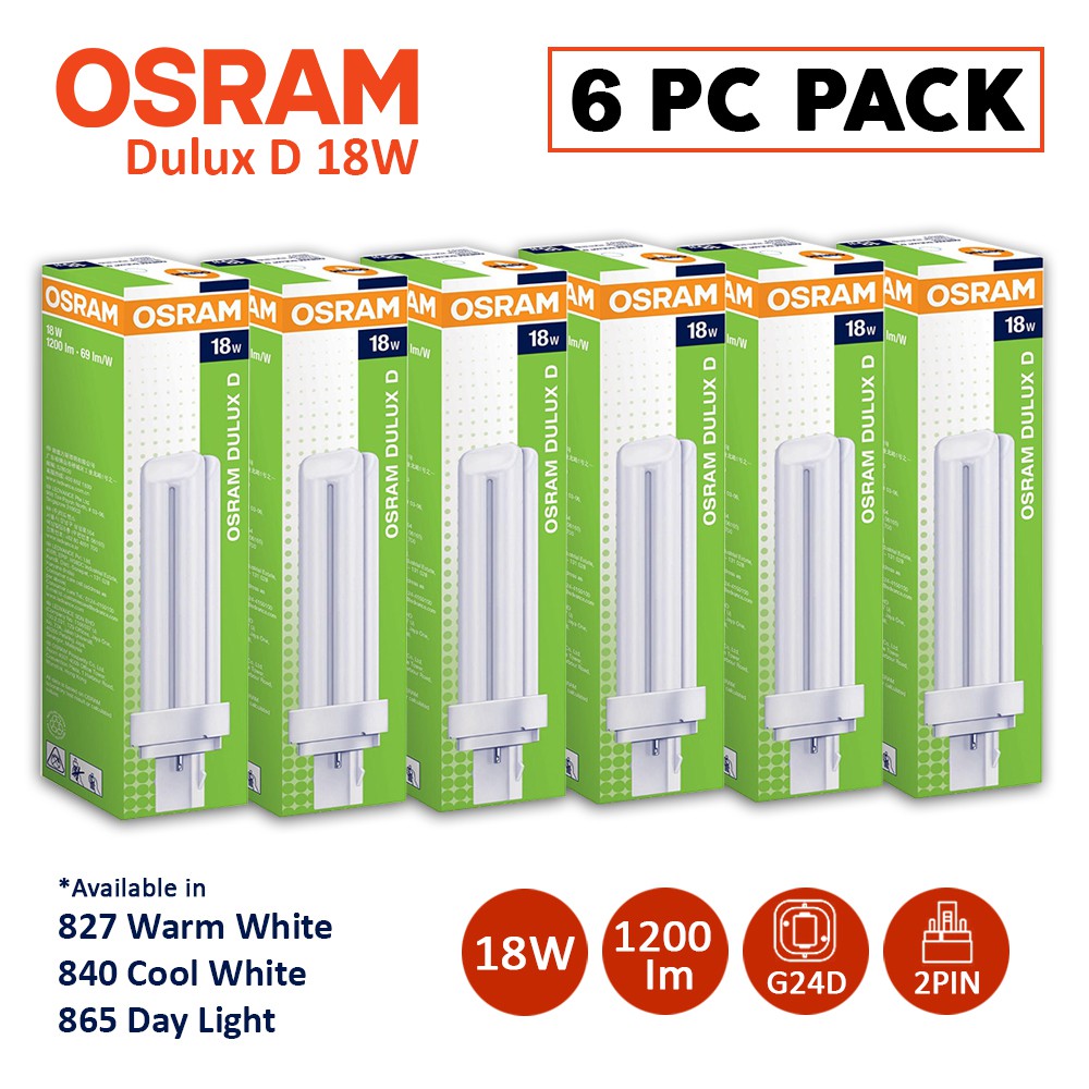 6 PC PACK | Philips/Osram DULUX D PLC 18W | 2 PIN | G24D | 827/830 - 840 - 865 (55/75) | Shopee ...