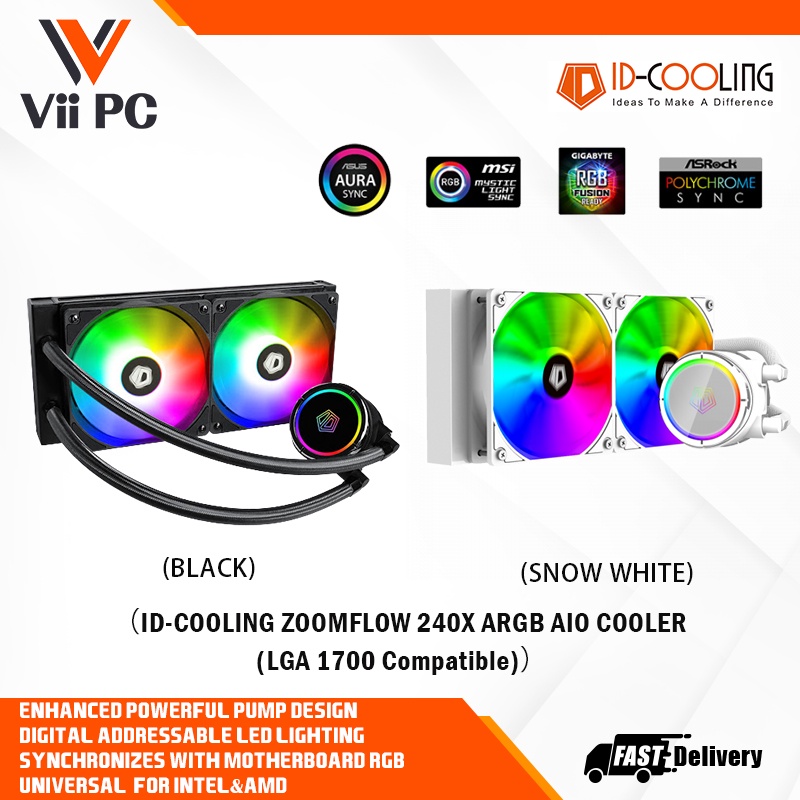 ID-Cooling ZoomFlow 240 X , CPU AIO , 240mm Radiator, ARGB XL Pump and ...