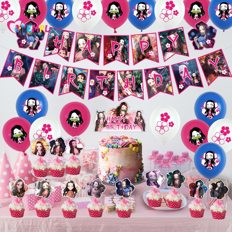 Demon Slayer Nezuko Theme Party Decoration Banner Balloon Cake Topper ...