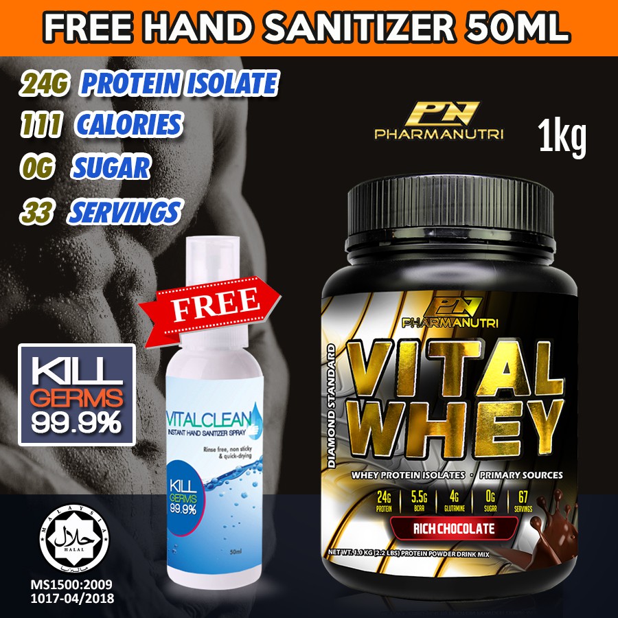 Vital Whey Halal 1KG 24G Protein Isolate Chocolate-Free Hand Sanitizer ...