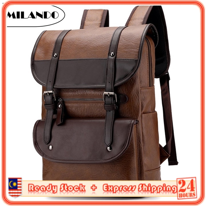 MILANDO Men PU Leather Travel Laptop Backpack Business School Bag Beg ...