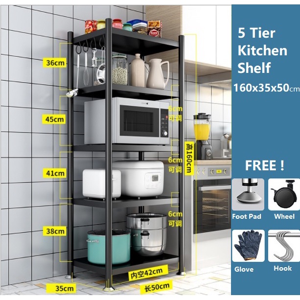 5 Tier Stainless Steel Storage Rack Kitchen Shelf Rak Dapur With Wheel ...