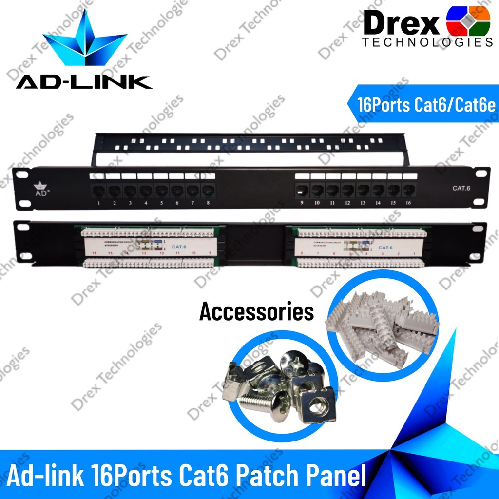 Ad-Link 16-Ports Patch Panel Cat6/Cat6e Fully Loaded 1Ru 16-Port Patch ...