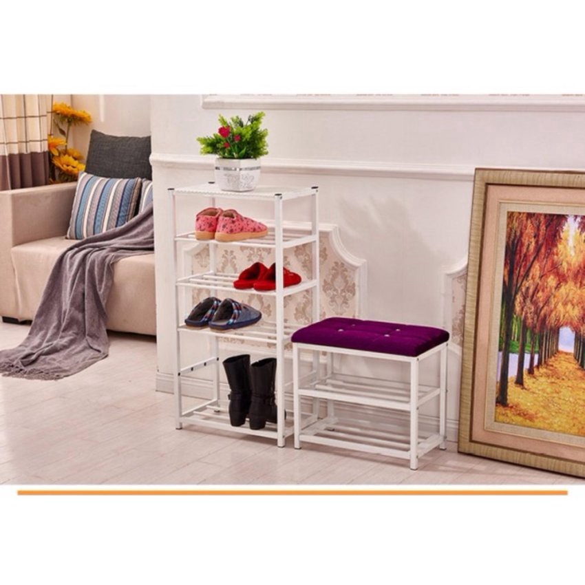 5-Tier Metal Shoe Rack (50cm) 2-Tier Metal Shoe Bench Set (Purple ...