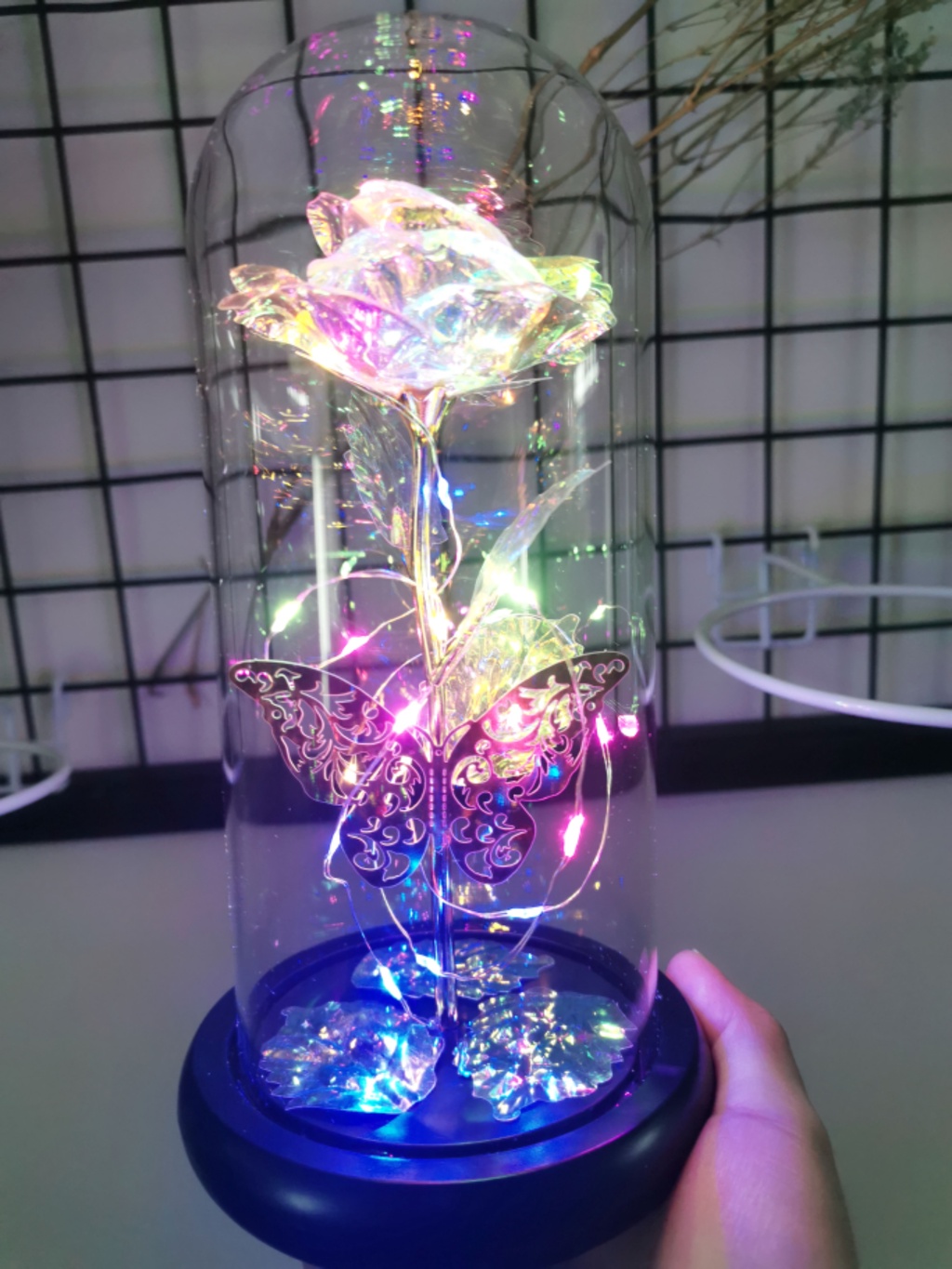Bunga Dalam Kaca dengan Lampu LED Light Rose with Butterfly in Glass ...