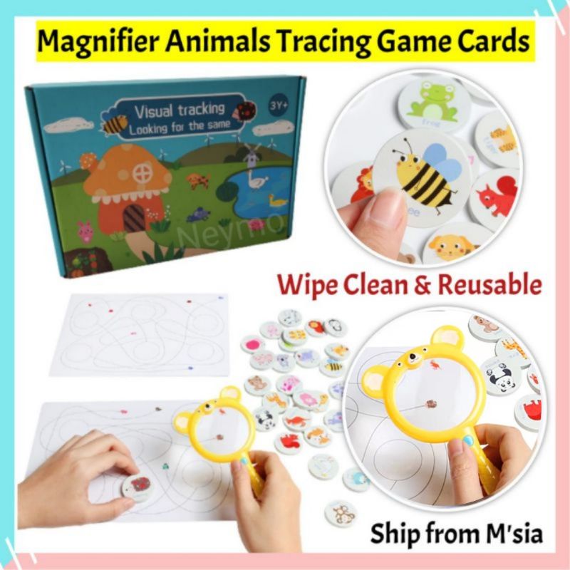 Reusable Wooden Kids Magnifier Animal Tracing Game Cards Toy ...