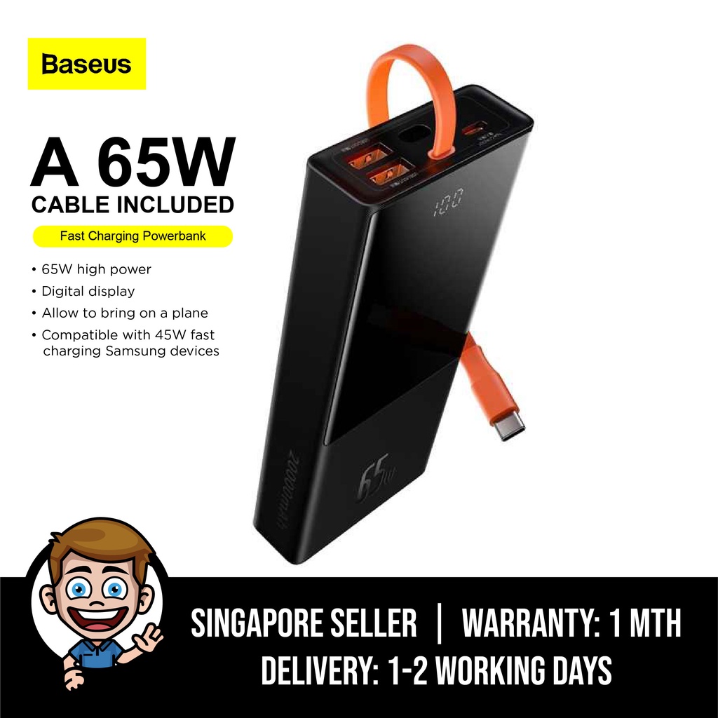Baseus Laptop Powerbank, 65W Power Bank 20000mAh USB C PD Quick Charge ...