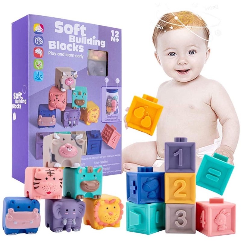 🚚SG Stock 🚚6/12 Pieces Baby Soft Building Blocks Squeeze and Stack ...