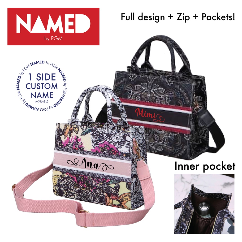 FREE Name Printing bag Floral Canvas bag with Pocket Zip Personalized ...
