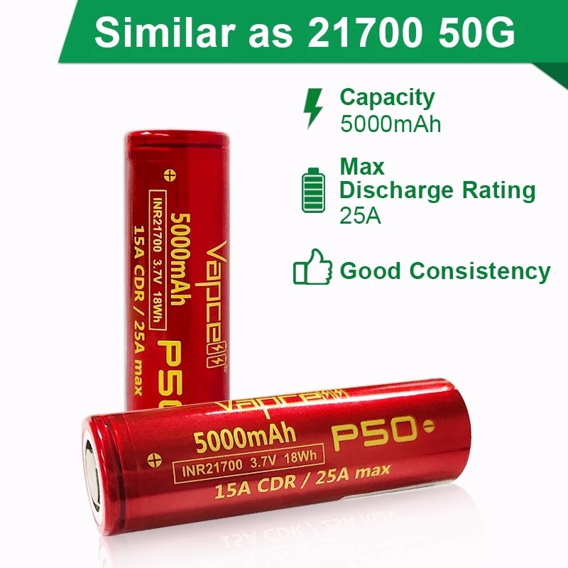 Vapcell P50 21700 5000mah 15A 25A 3.7V Li-ion Rechargeable Battery ...
