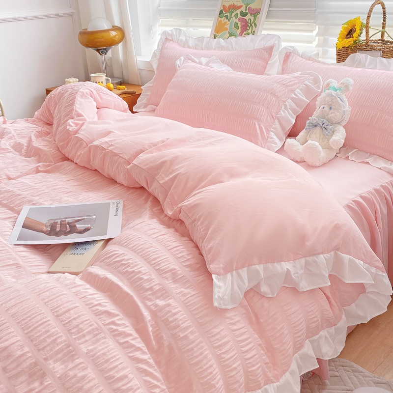 4 IN 1 Princess Style Bedding Set Seersucker Solid Style Quilt Flat ...