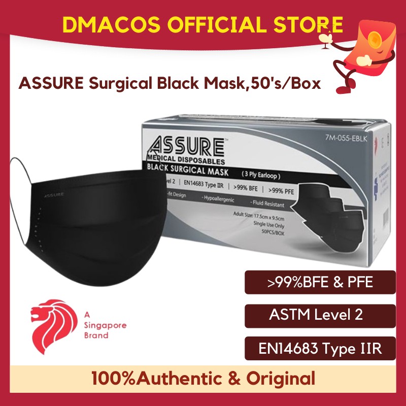 ASSURE Black Surgical Face Mask 3-Ply With Ear- Loop, 50'S/Box | Shopee ...