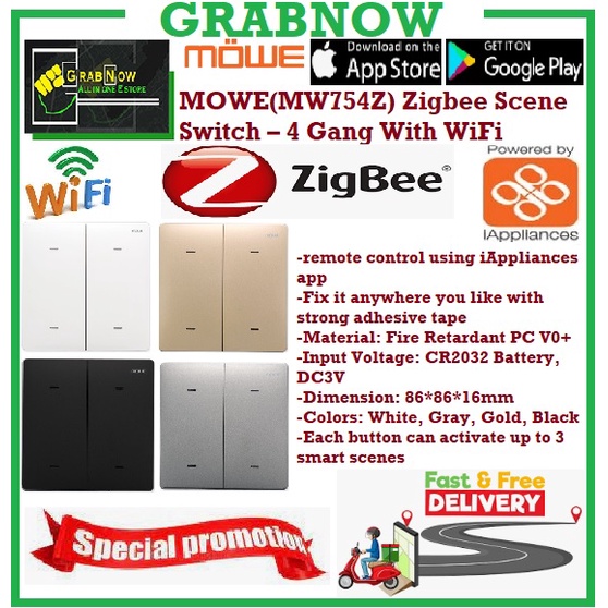 MOWE (MW 754Z) Zigbee Scene Switch – 4 Gang With remote control using ...
