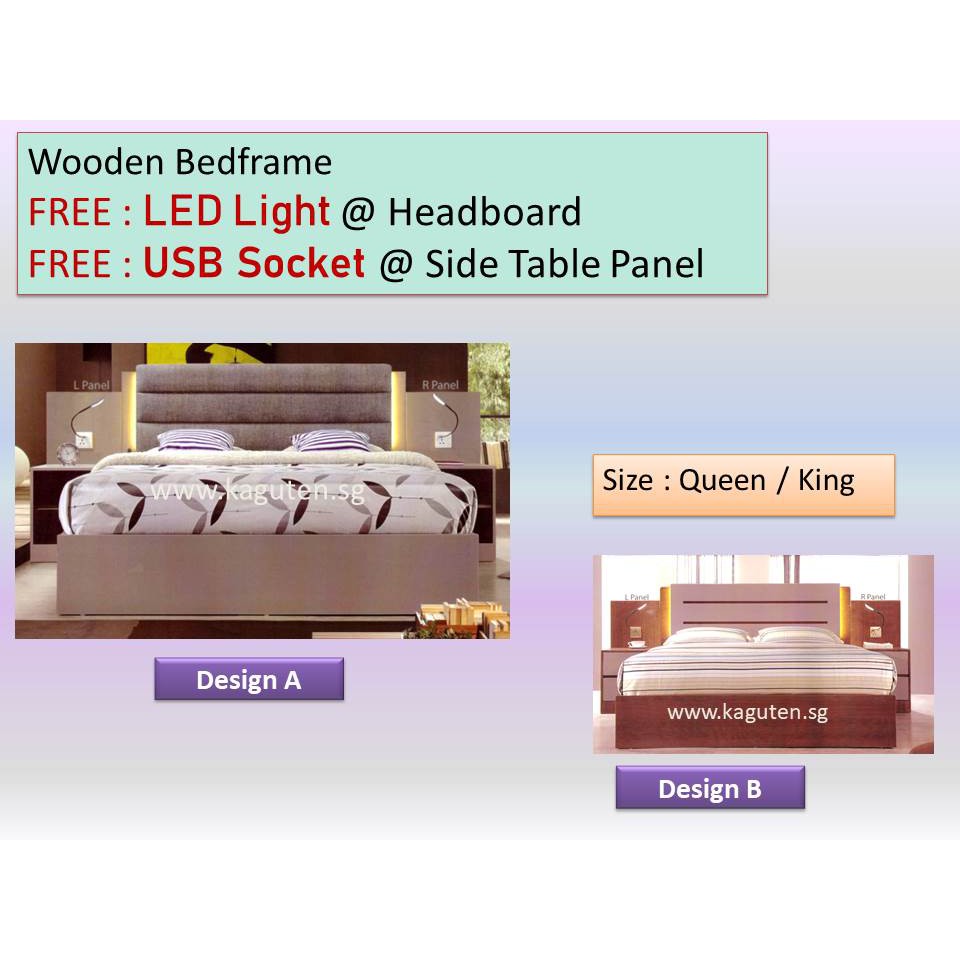 Wooden Queen Bed 5ft with LED Light Bedframe & USB Socket Side Table ...