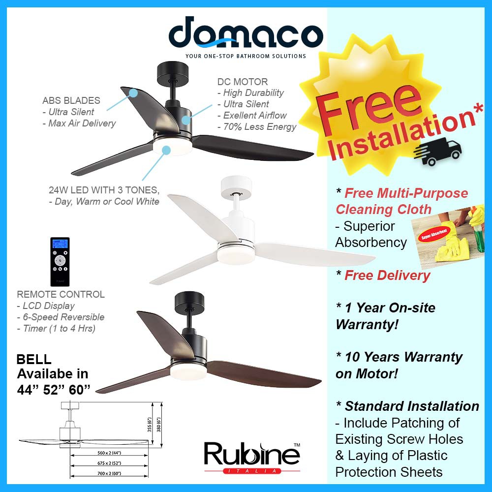 Rubine Bell DC Ceiling Fan With 24W 3 Tone Light kit and 6 speed Remote ...