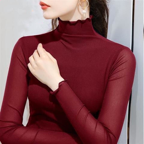 Women Turtle Neck Blouse Long Sleeve Mesh Inner Wear Elastic Slim-fit ...