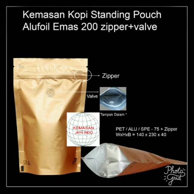 200 Gram Gold Alufoil Coffee Packaging + Zipper & Valve. Standing Pouch ...