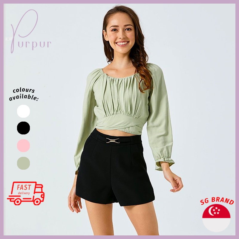 Purpur Women Tops Breonna Gathered U Neckline Long Sleeve Tie Wrap Crop ...