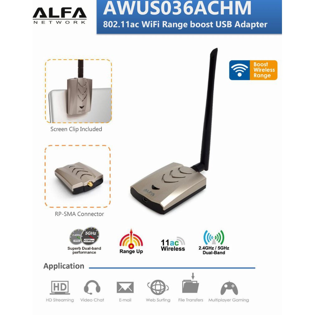 Alfa AWUS036ACHM 802.11ac dual band High Power Wi-Fi USB Adapter Longer ...