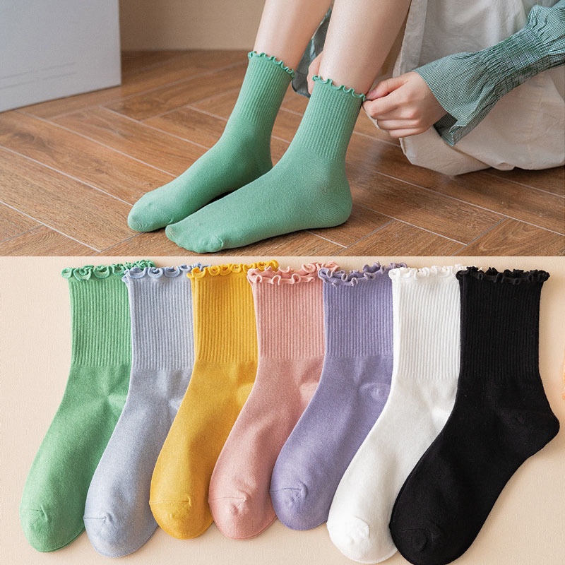 Cotton Macarons Cream Color Mid Calf Socks Ins Colorful Ruffle Frill ...