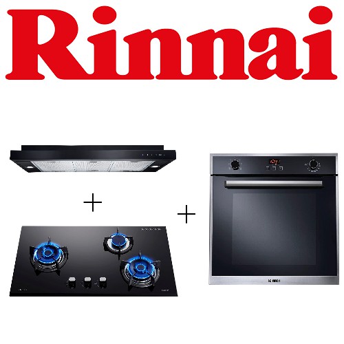 RINNAI RH-S329-PBR 90CM SLIMLINE HOOD + RINNAI RB-93UG 3 BURNER GLASS HOB + RINNAI RO-E6208TA-EM ...