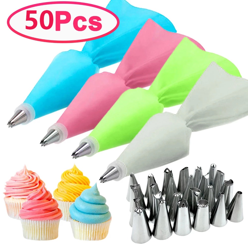 50Pcs/Set Silicone Pastry Bag Tips Kitchen Cake Icing Piping Cream Cake ...
