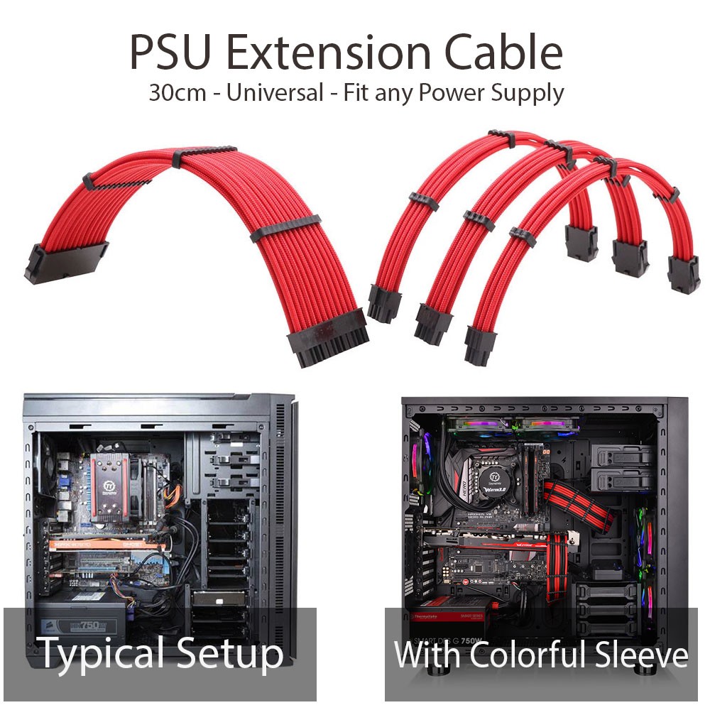 PSU Extension Cable Sleeve for CPU GPU PCI-E 300mm Motherboard to Power ...