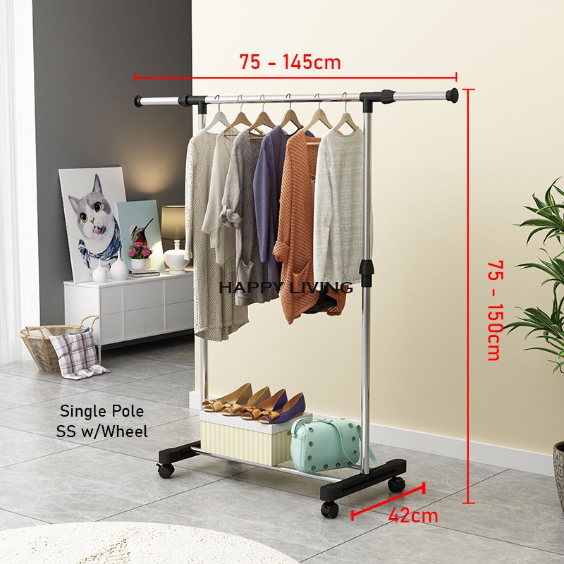 (SG STOCK) Adjustable Single & Double Pole Laundry Clothes Rack Stand ...