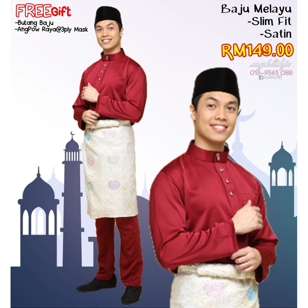 Baju Melayu Moden Slim Fit MAROON (FREE Gift RAYA) | Shopee Singapore