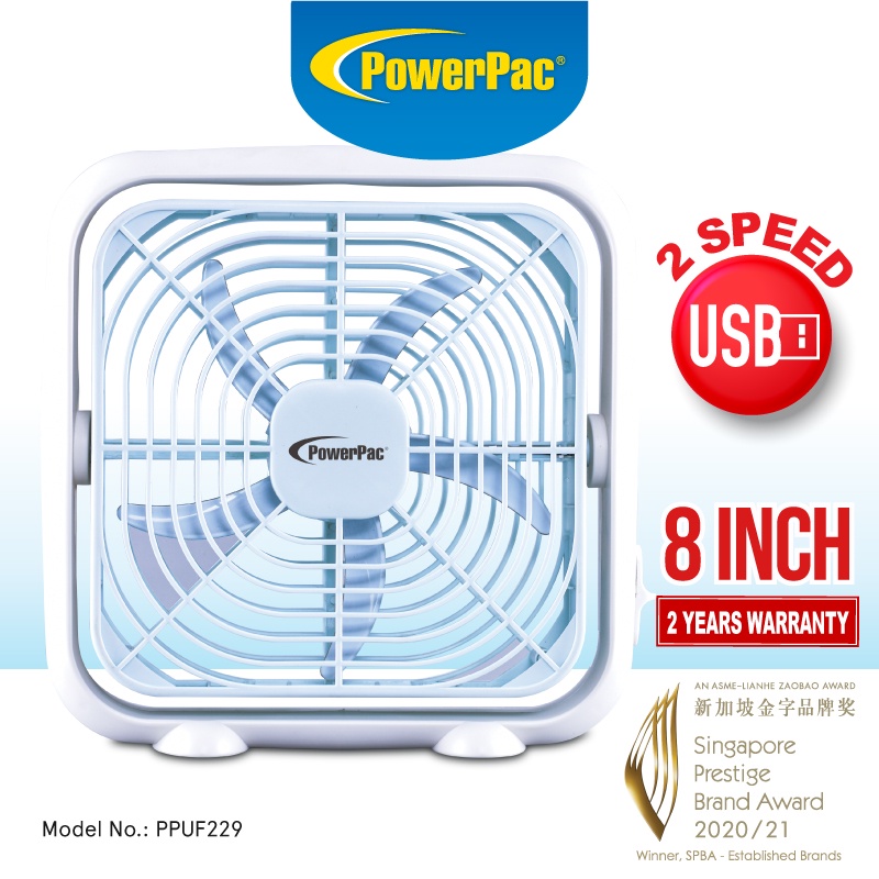 PowerPac 8" Box Fan – USB, Table/Floor Fan, Strong Airflow, 90 ...