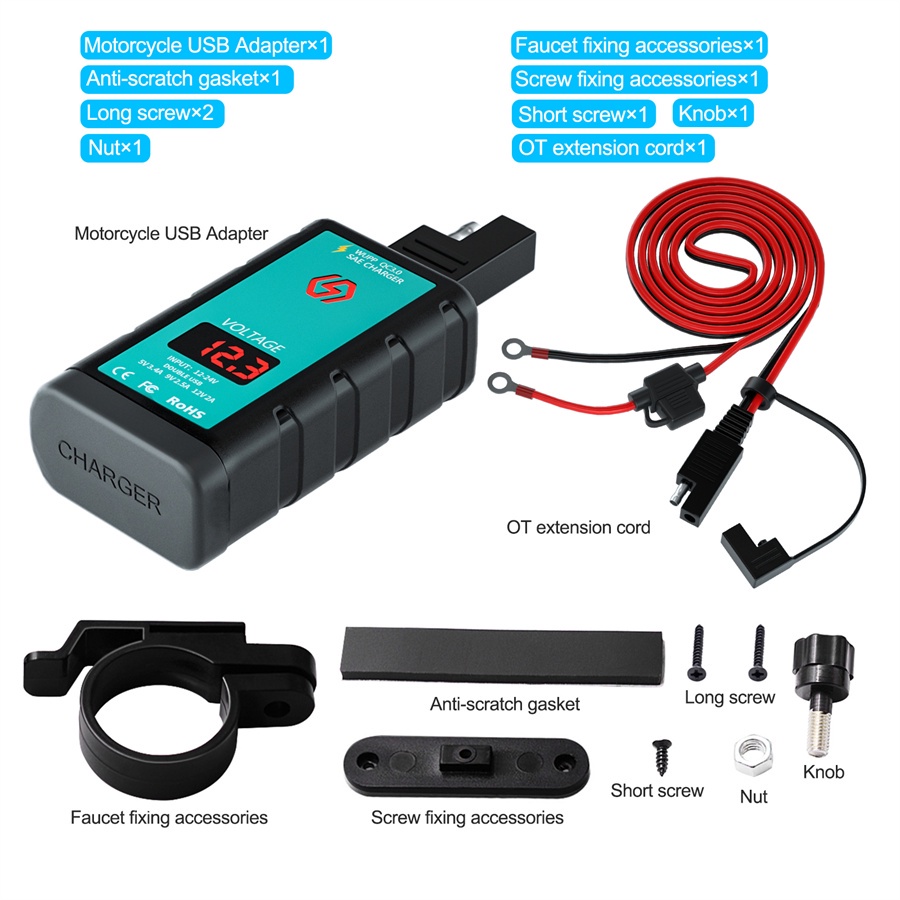 QC3.0 Motorcycle USB Type-C Fast Charger with Voltmeter Power Switch ...