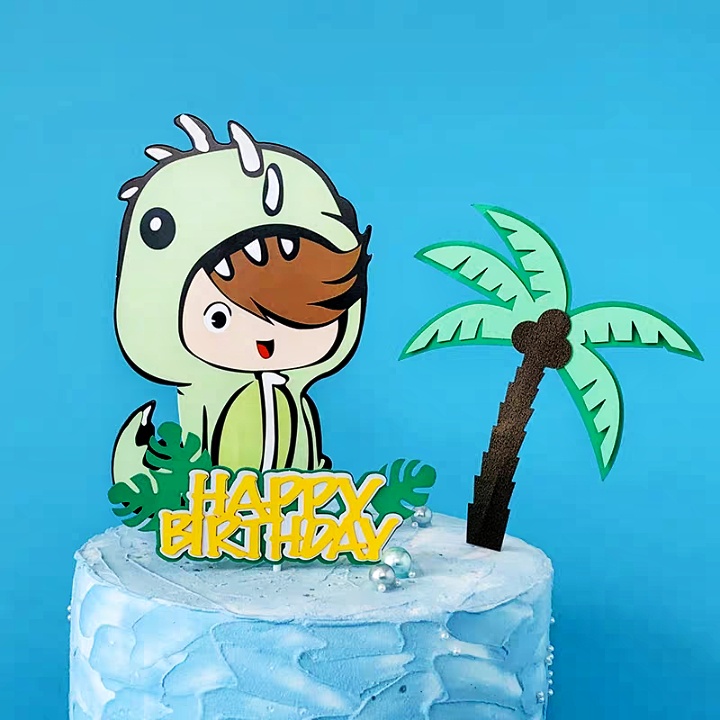 INS Dinosaur coconut tree HBD paper card cake topper baking props ...