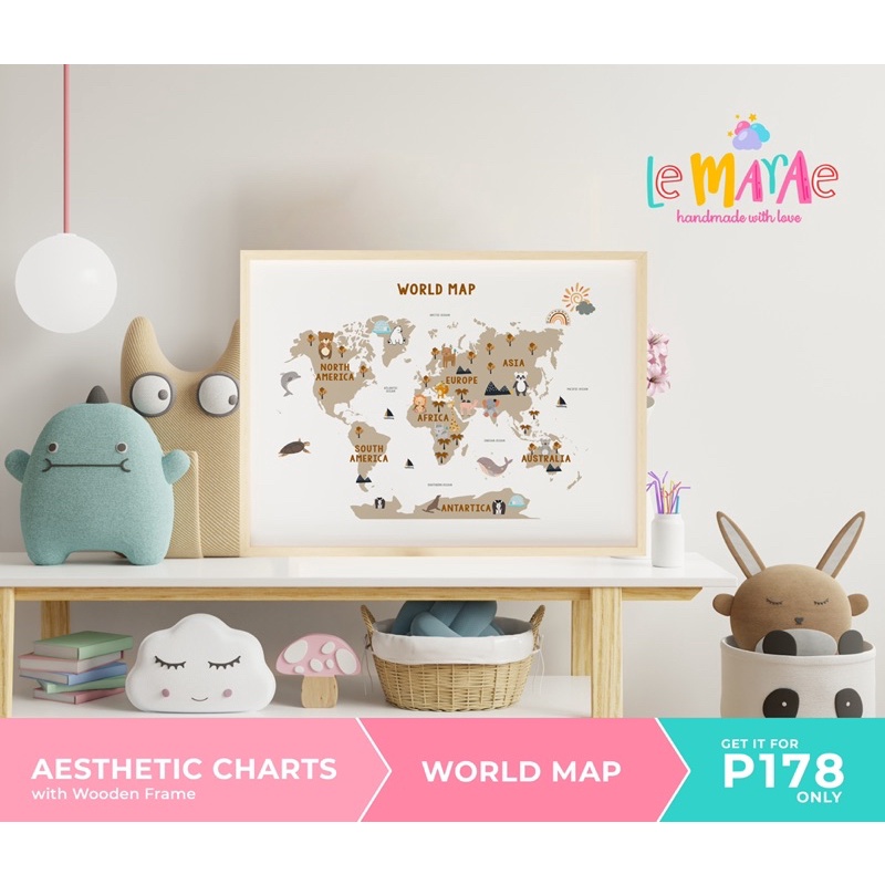 WORLD MAP - Aesthetic Theme Laminated Charts Wooden Frame A3 Wall Decor ...