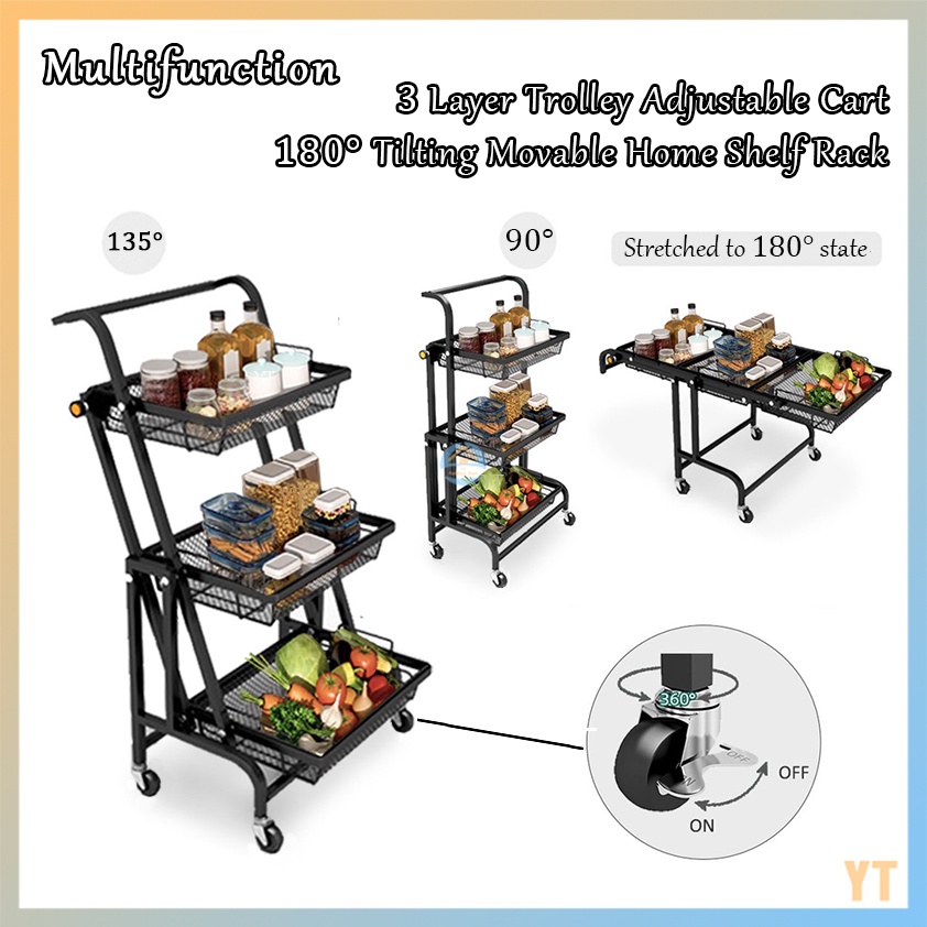 Kitchen 3 Layer Foldable Adjustable trolley 180° Tilting Movable ...
