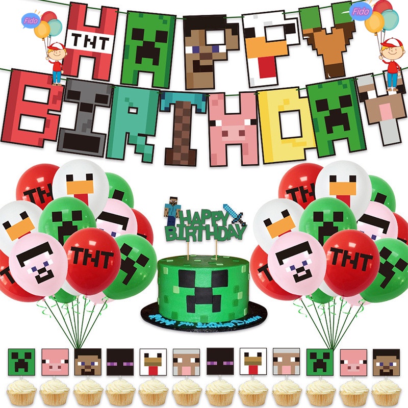 Minecraft Theme Party Set Pixel Wars Birthday Banner Cake Topper Party ...