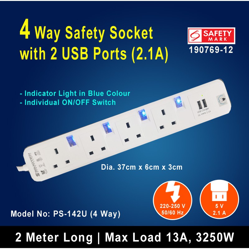 4 Way Safety Extension Socket Black/White with 2 USB Ports & 2 Meter (2 ...