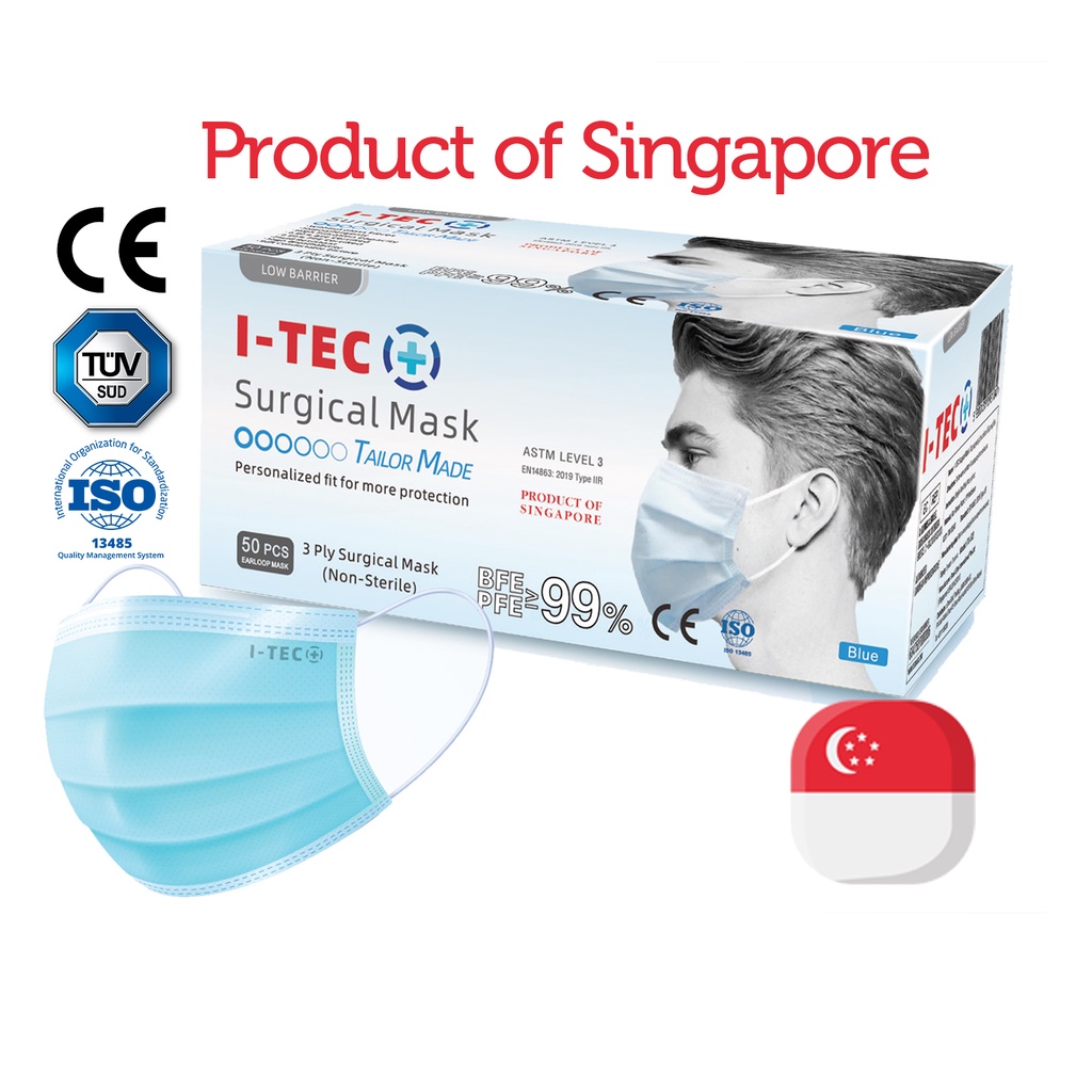 MADE IN SINGAPORE I-TEC Surgical 3 Ply Face Mask 50 pcs for Adult Men ...