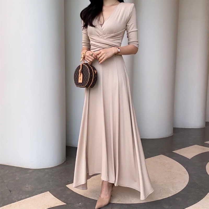 😍Korea Woman Elegant Wrap Long Dress Maxi Dress Party Dinner | Shopee ...