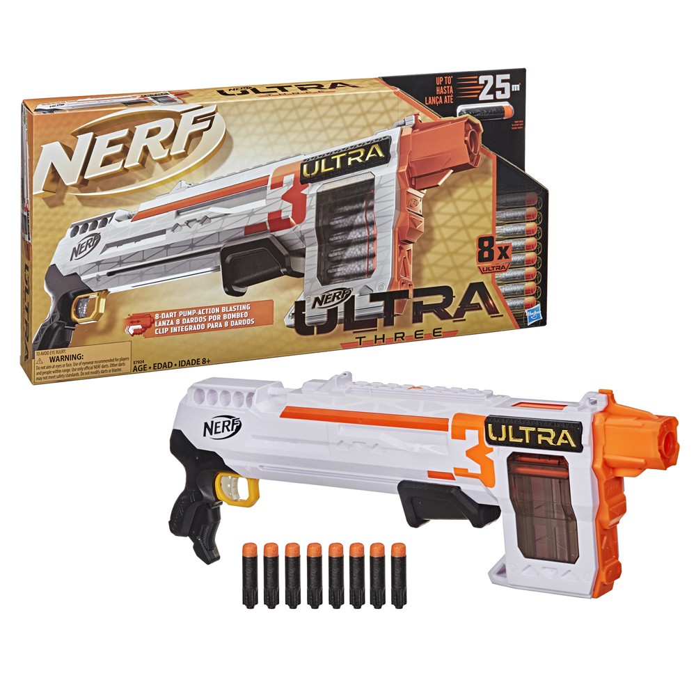 Nerf Ultra Three Blaster, Pump-Action, 8-Dart Internal Clip, 8 Nerf ...
