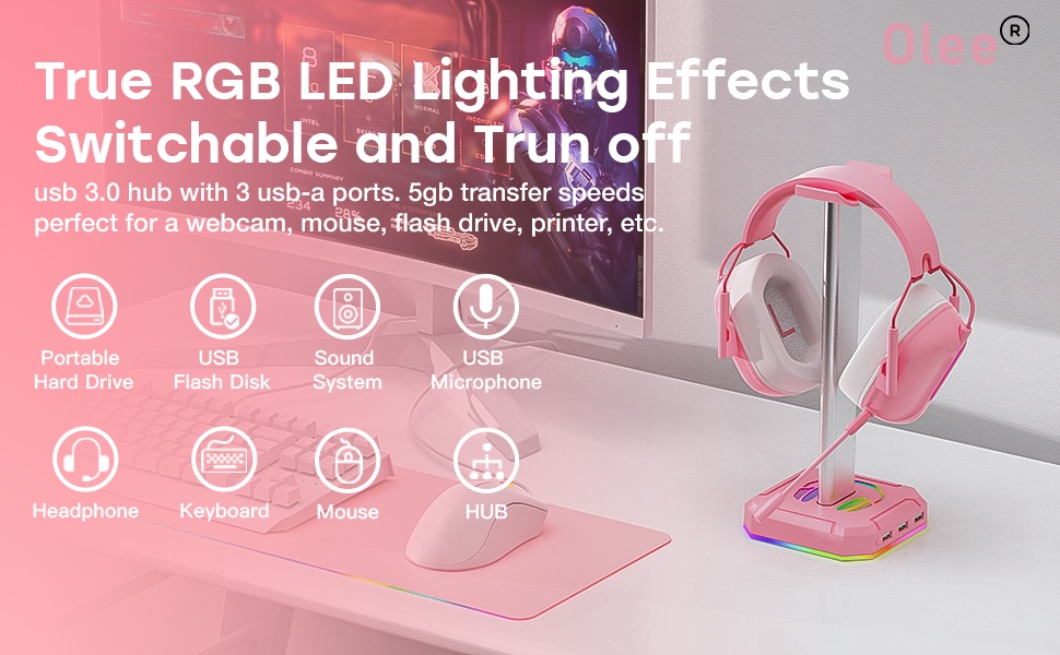 Pink Headphone Stand RGB Lights Gaming Headset holder with Three USB ...