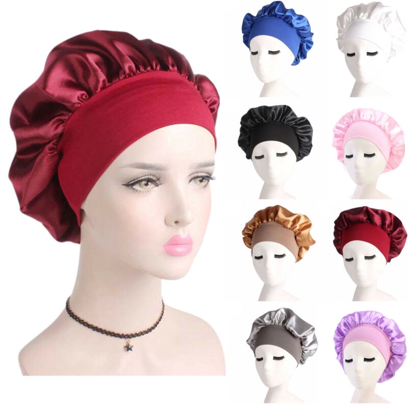 Women Soft Solid Wide-Brimmed Silk Sleep Cap, Bath Hair Care Elastic ...