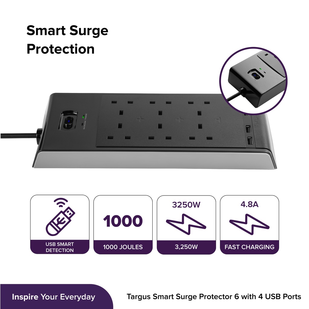 Targus Smart Surge Protector 6 with 4 USB Ports UK - APS1101AP APS11AP ...