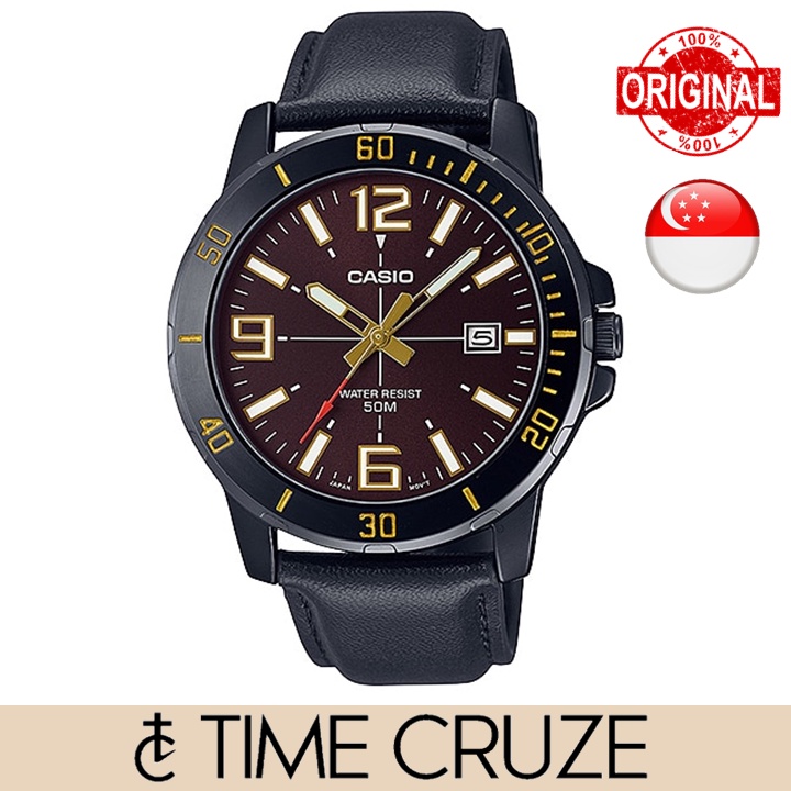 [Time Cruze] Casio MTP-VD01 Diver Style Quartz Black Leather Strap Brown Dial Men Watch MTP ...