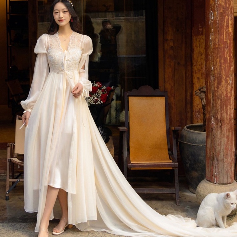 retro lace cardigan fairy trailing dress morning gown one-piece long ...